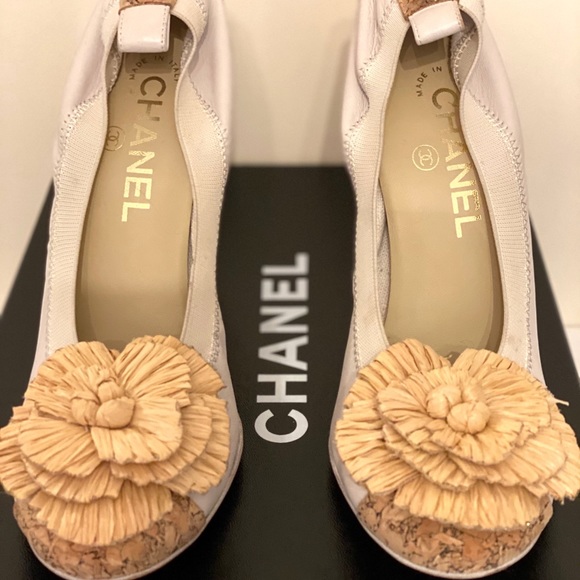 CHANEL | Shoes | Authentic Chanel Cork Raffia Camellia Elastic Heels ...